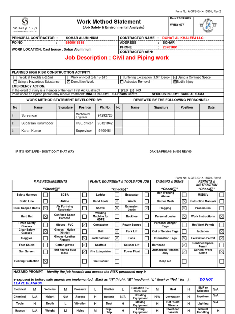 Civil Work Safety Method Statement | PDF | Hazards | Personal ...