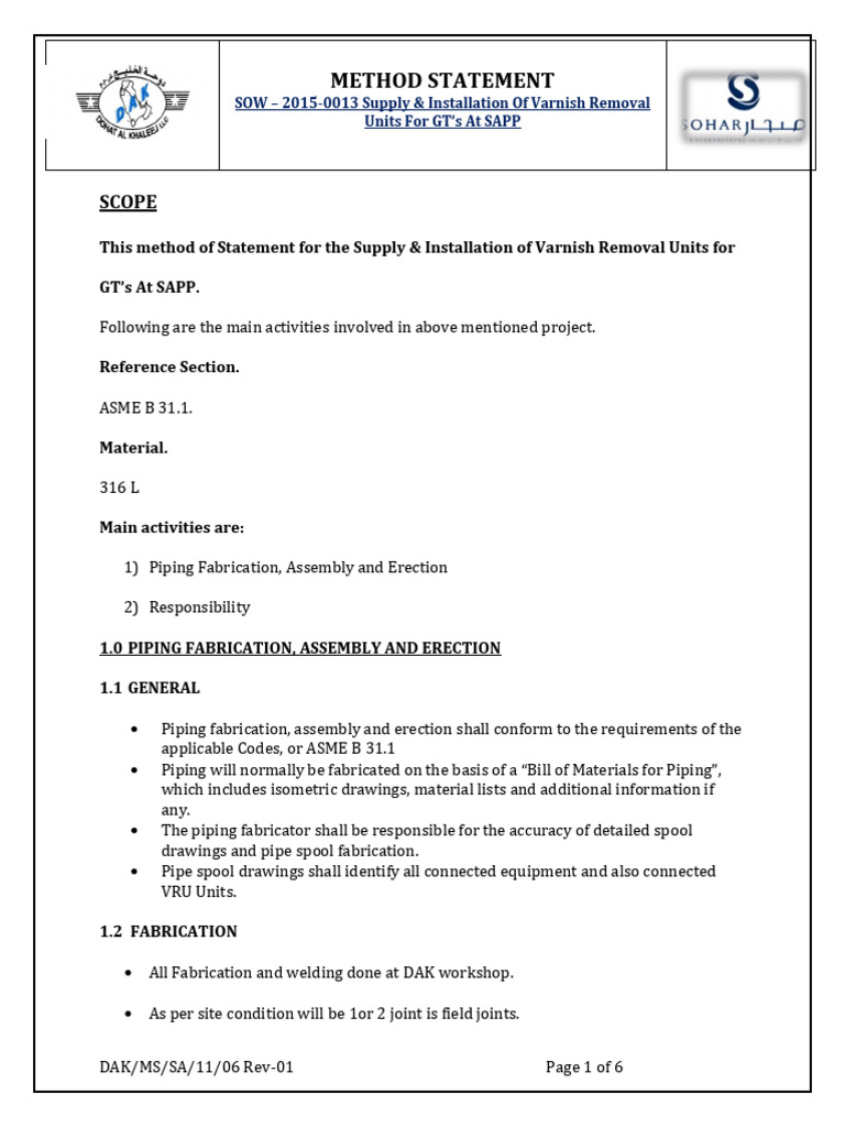 Method Statement For VRU Units Rev-01 | PDF | Pipe (Fluid Conveyance) | Construction