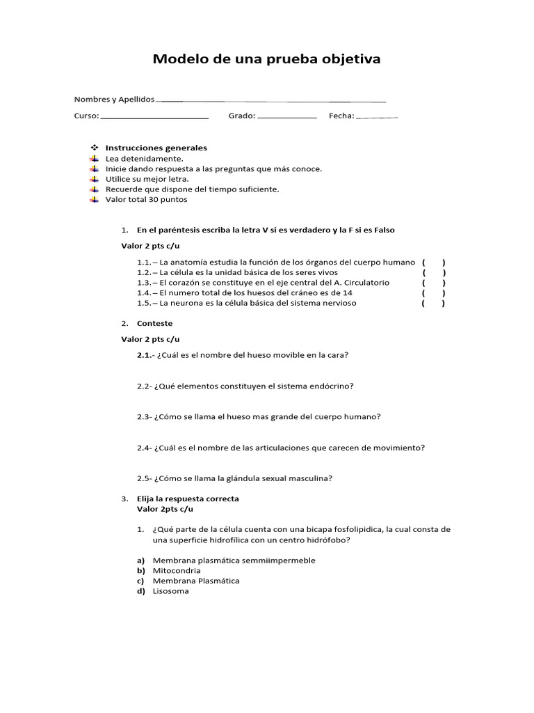 Modelo de Una Prueba Objetiva PDF | PDF | Biología Celular) | Membrana celular