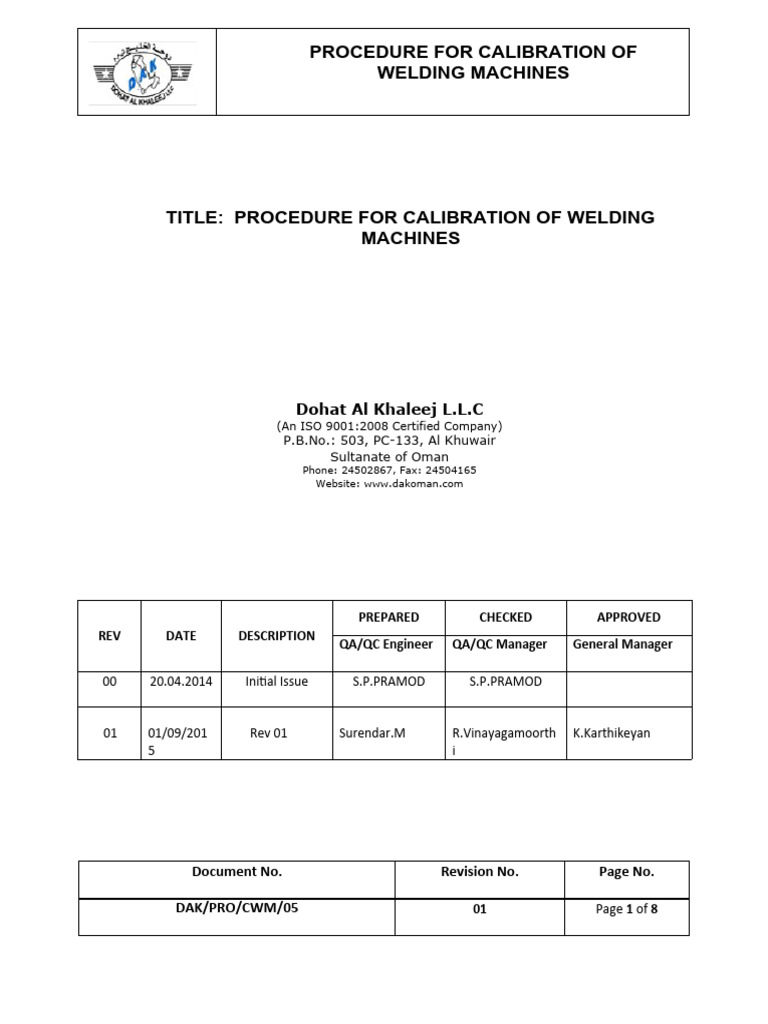 Procedure For Calibration of Welding Machines | PDF | Calibration | Verification And Validation
