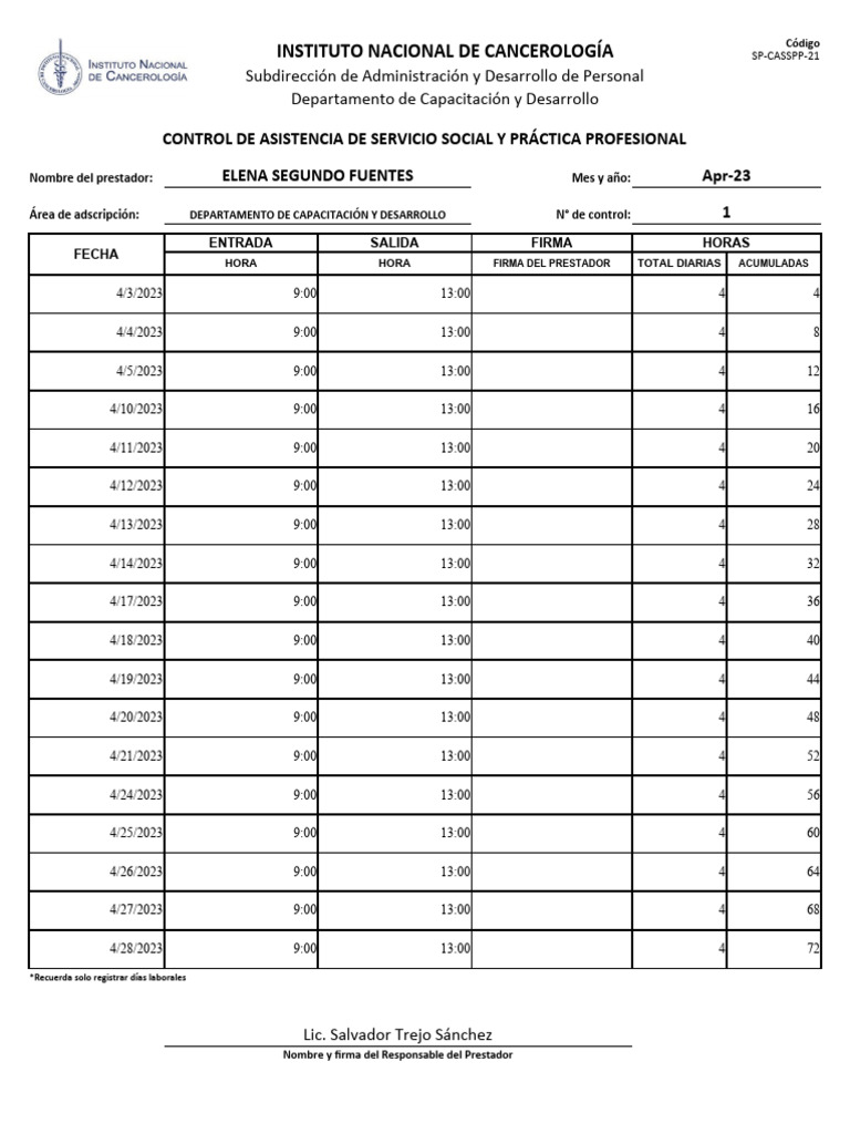 Ejemplo Control de Asistencia 2023 | PDF