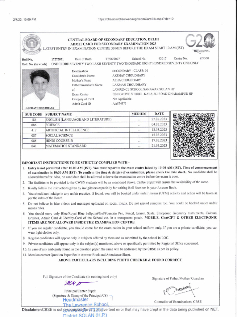 CBSE Class 10 Admit Card 2023 | PDF | Educational Stages | Educational ...