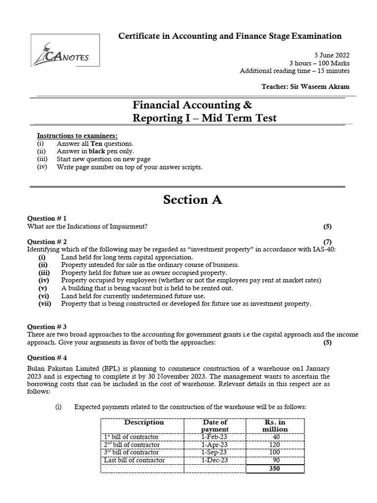 Mid Term QP | PDF | Depreciation | Fair Value