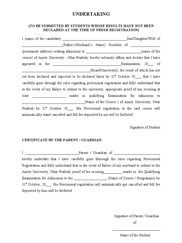 Amity University Student Undertaking Form | PDF