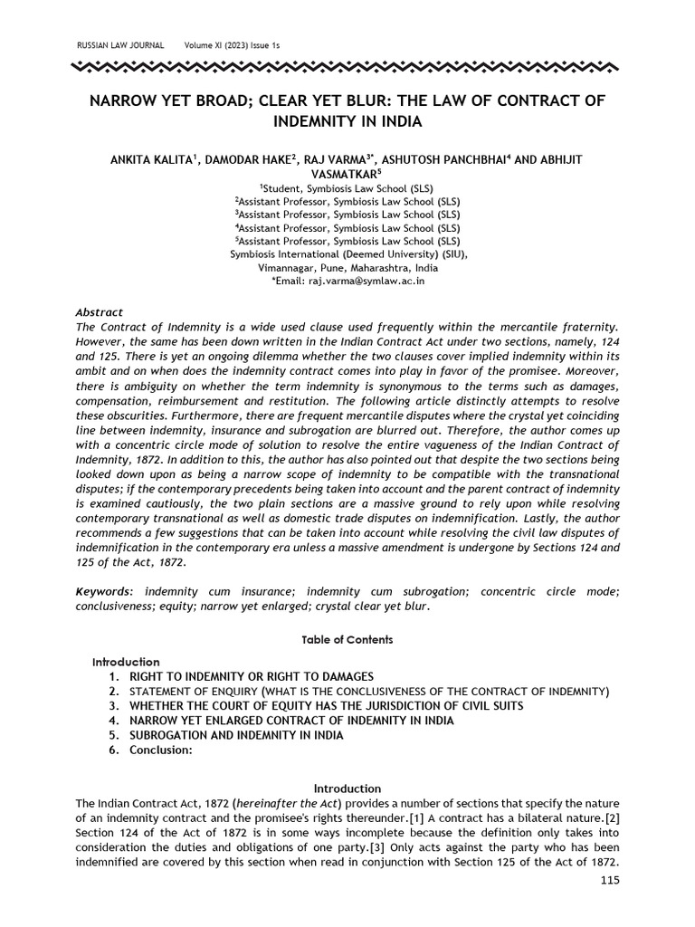Narrow Yet Broad Clear Yet Blur: The Law of Contract of Indemnity in India | PDF | Indemnity ...