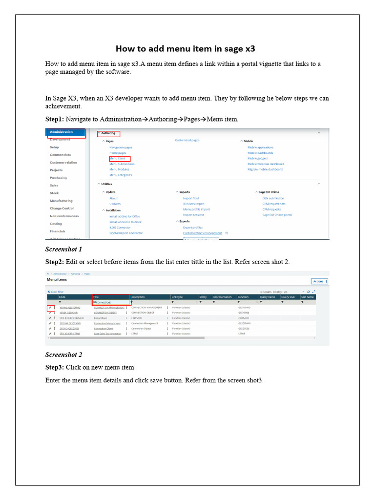 How To Add Menu Item in Sage x3 | PDF