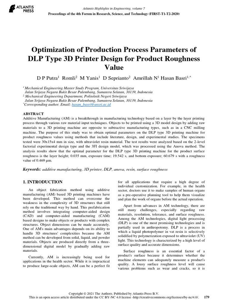 Optimization of Production Process Parameters of DLP Type 3D Printer Design For Product ...