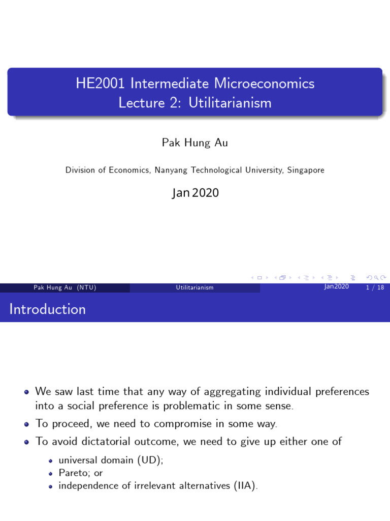 Lecture 2 Utilitarianism | PDF | Utility | Pareto Efficiency