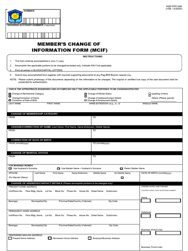 PFF049 MembersChangeInformationForm V08 | PDF | Birth Certificate | Social Institutions