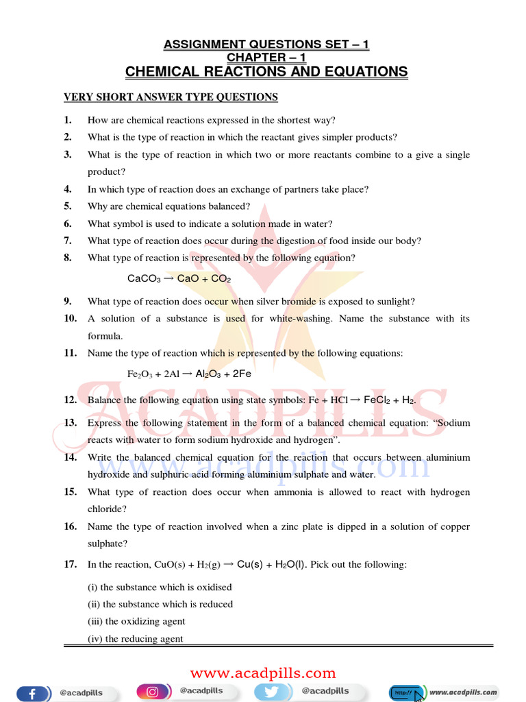Chemical Reactions and Equations Assignment Questions Set - 1 | PDF ...