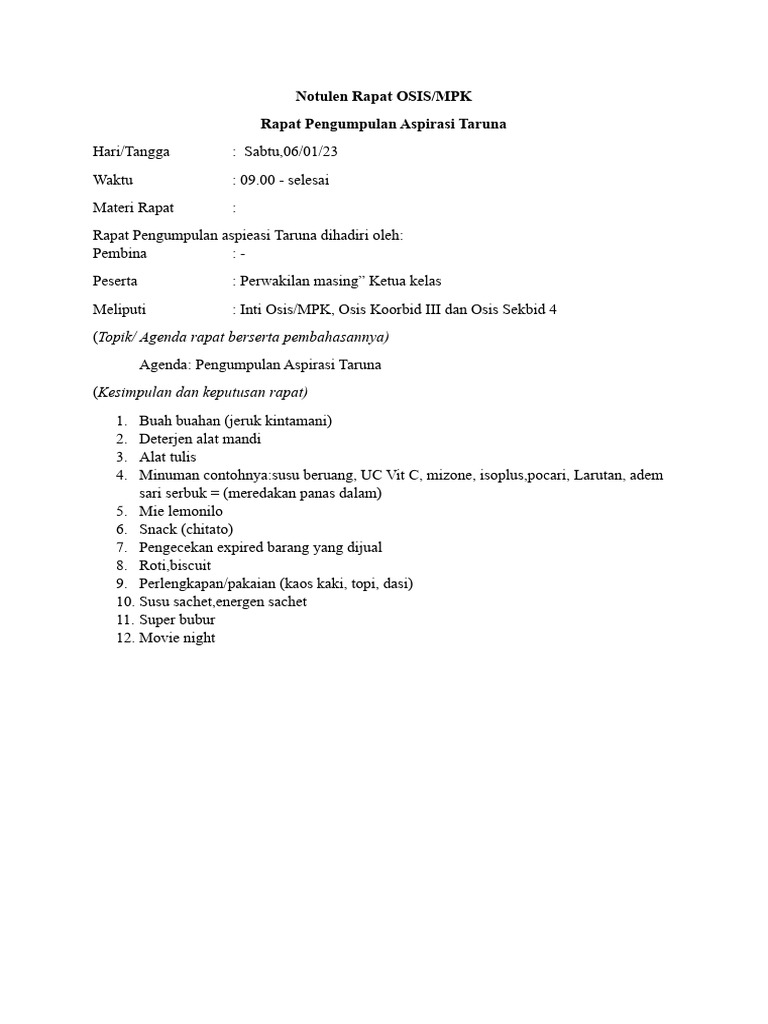 Notulen Rapat OSIS Pengumpulan Aspirasi Taruna | PDF | Karier ...