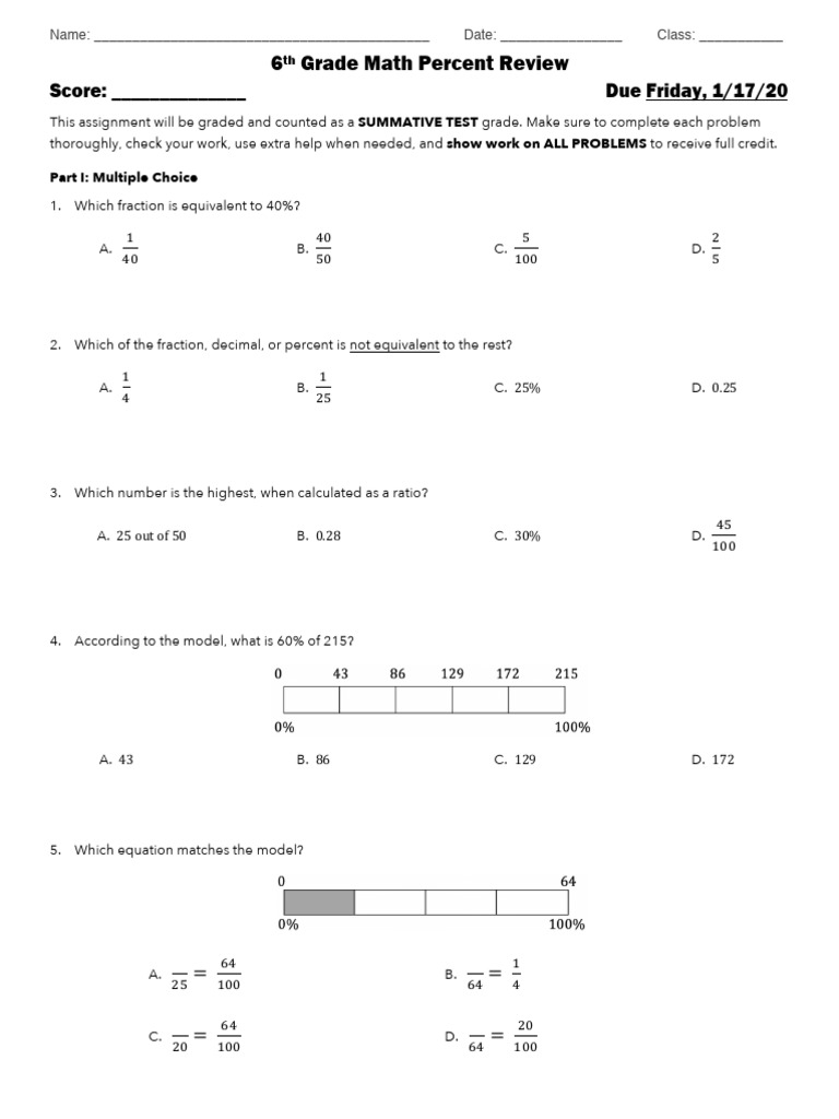 6th Grade Math Percent Review Worksheet | PDF | Ratio | Numbers