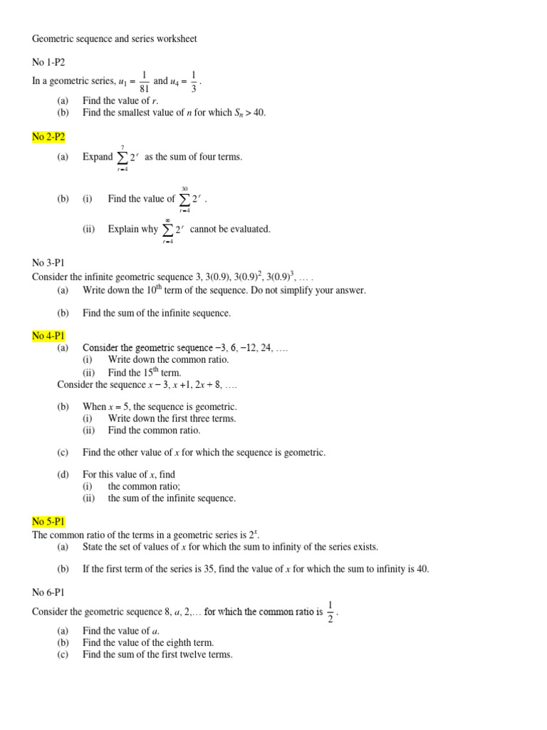 Geometric Sequences and Series Worksheet | PDF | Mathematical ...