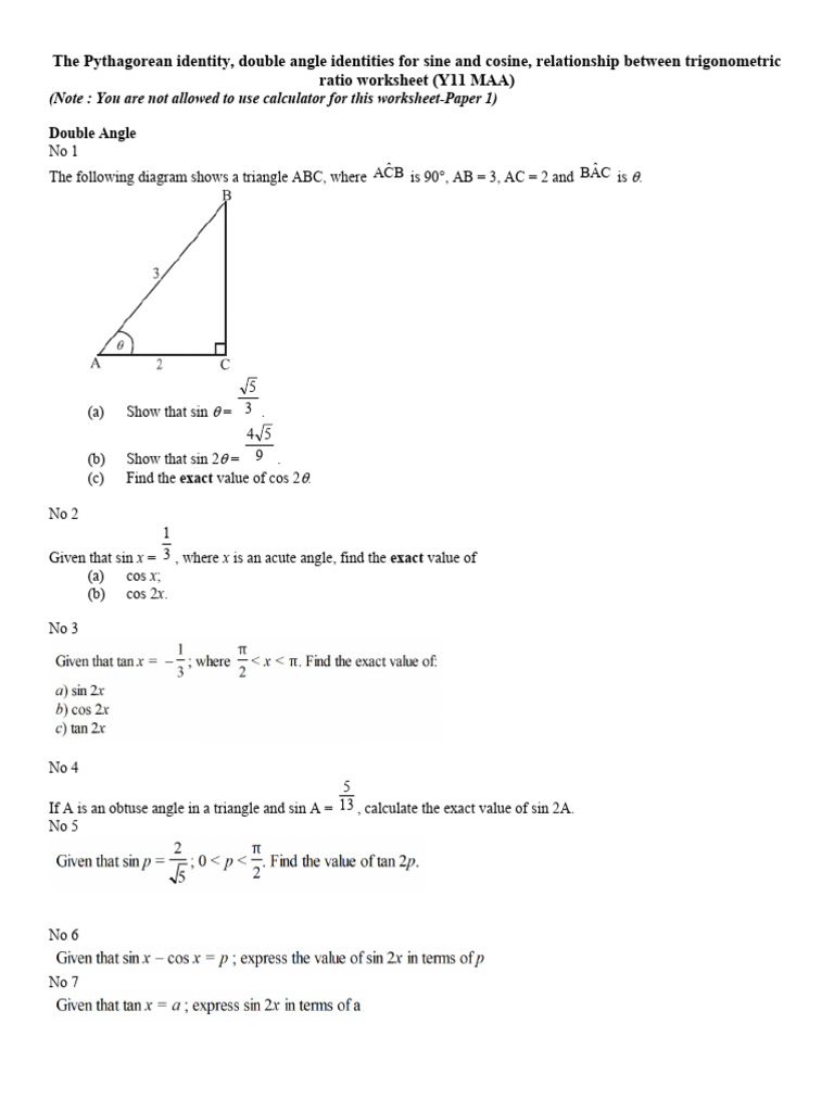 Worksheet 4 The Pythagorean Identity Double Angle and Relationship in ...