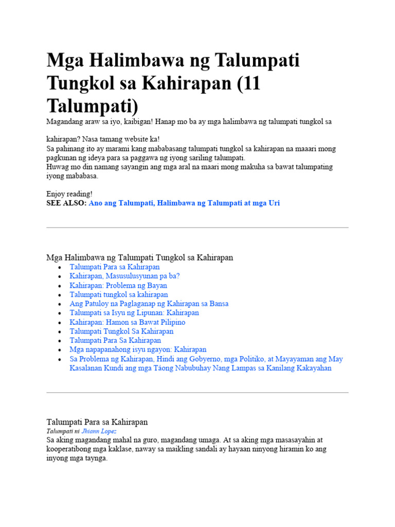 Mga Halimbawa NG Talumpati Tungkol Sa Kahirapan (11 Talumpati) | PDF