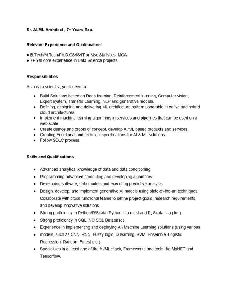 Sr. AIML Architect 7+ Experience - Job Description - Techversant | PDF