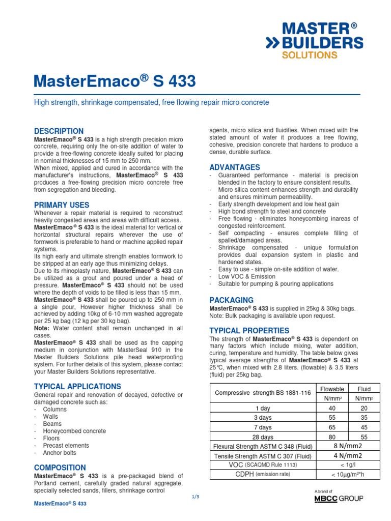 Masteremaco S 433 - Tds | PDF | Concrete | Materials
