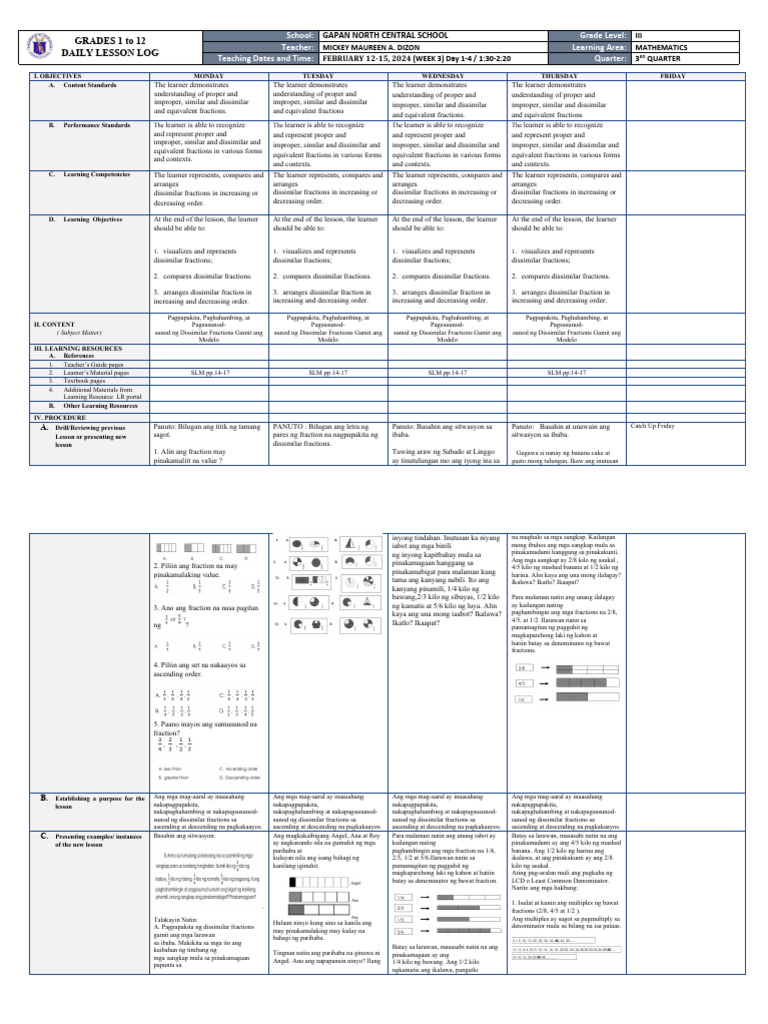 Grade-3 DLL Q3 W3 Mathematics | PDF | Learning | Elementary Mathematics