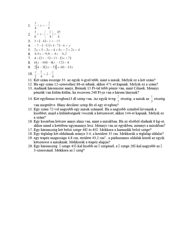 Egyenletek 7 .O. | PDF