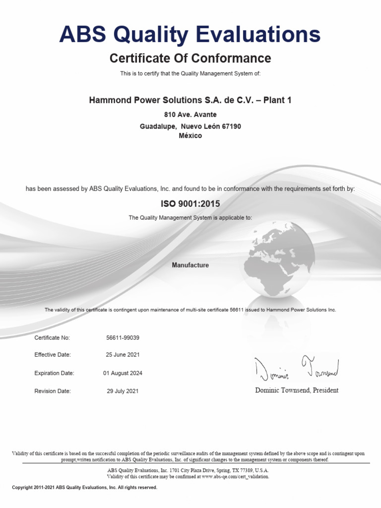 ABS Quality Evaluations: Certificate of Conformance | PDF | Technology ...