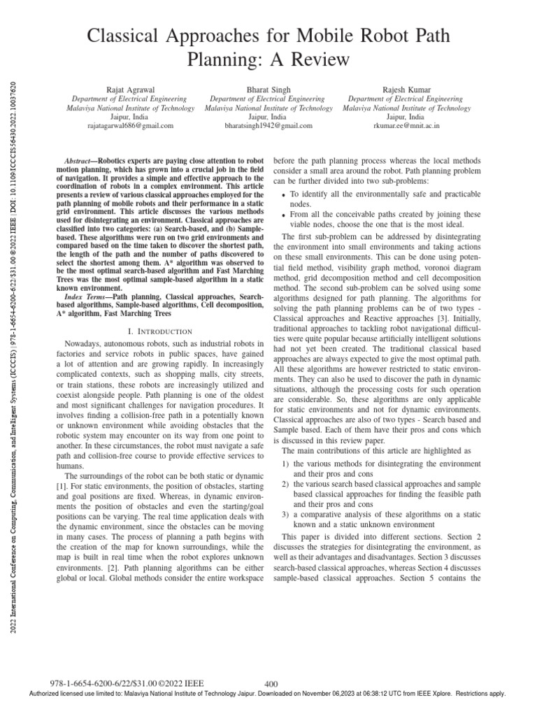 Classical Approaches For Mobile Robot Path Planning A Review Pdf