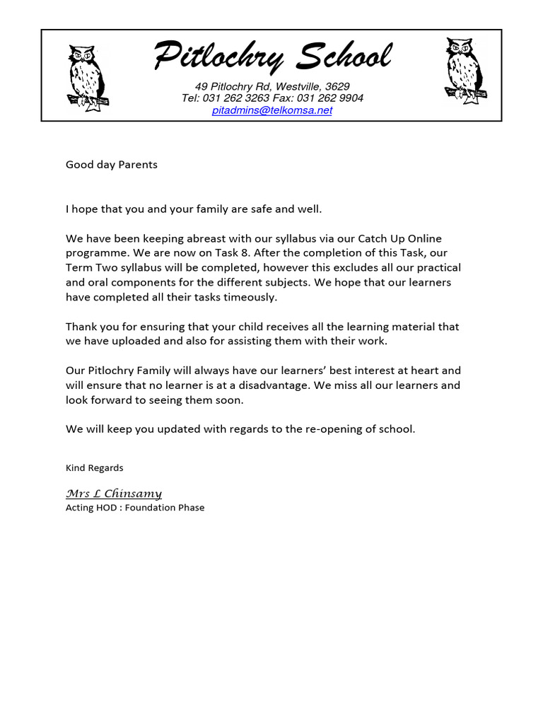 Pitlochry School Letter To Parents | PDF