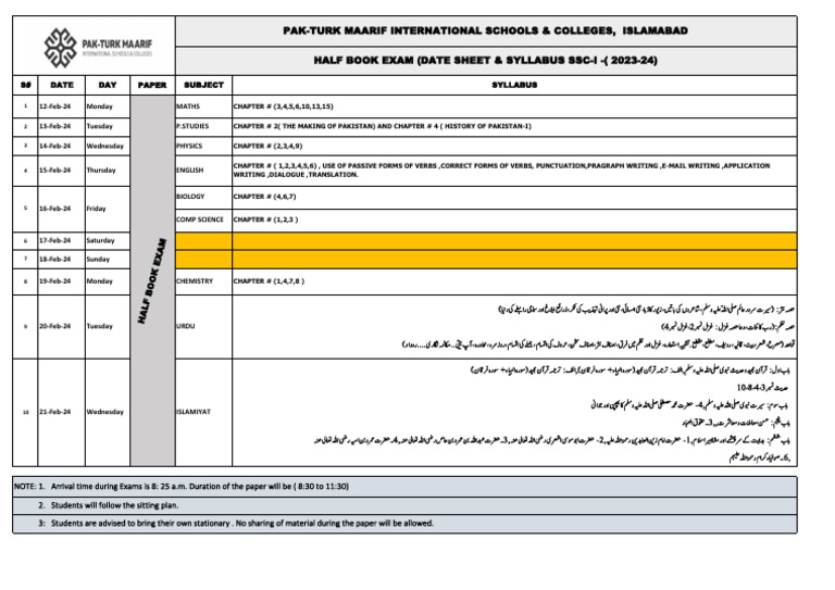 Half Book Date Sheet and Syllabus 9TH | PDF