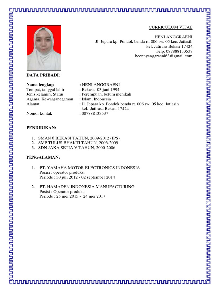 CV Heni Anggraeni untuk Lamaran Kerja | PDF | Kesehatan Holistik