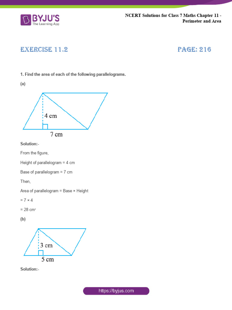 NCERT Solutions For Class 7 Maths 8may Chapter 11 Perimeter and Area Exercise 11.2 | PDF | Area ...