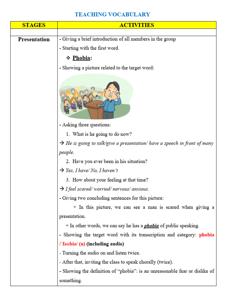 Teaching Plan Format - Teaching Vocab | PDF | Phobia