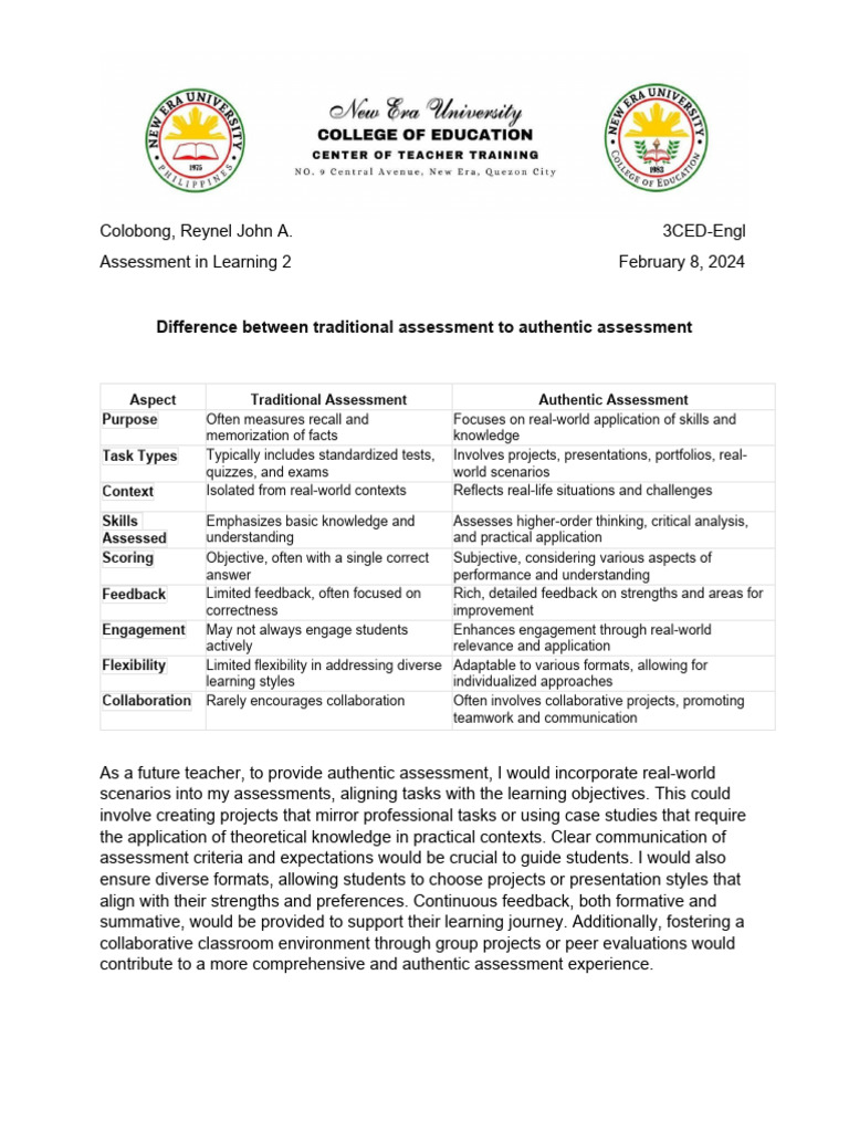 MP - M1 - A1 - Table of Traditional and Authentic Assessment Difference ...