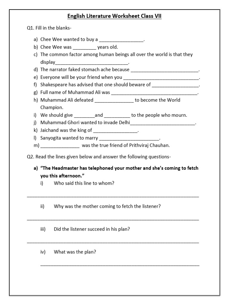 Grade 7 English Literature Worksheet | PDF