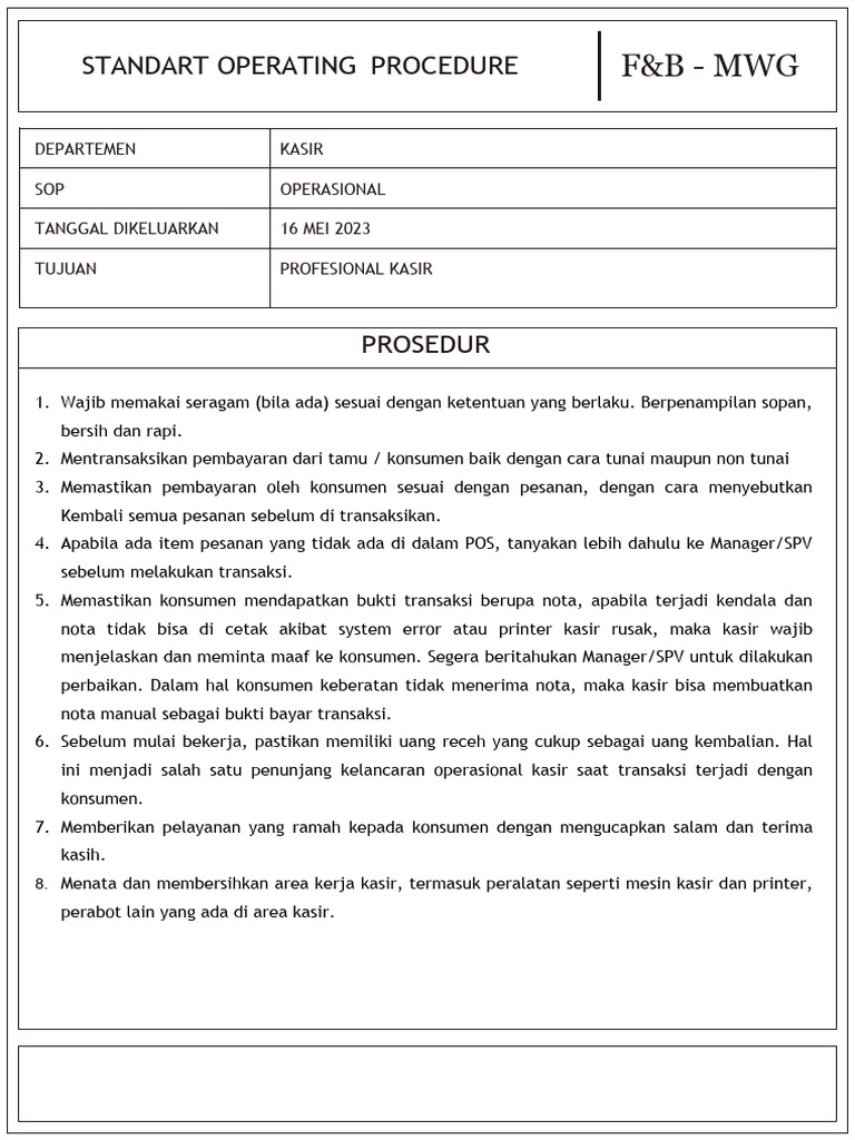 Form Sop Kasir | PDF