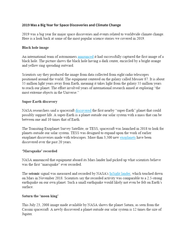 2019 Was A Big Year For Space Discoveries and Climate Change | PDF ...