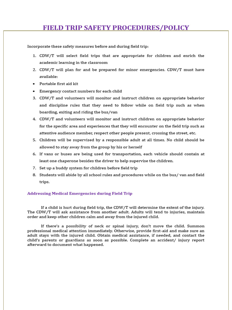 Field Trip Policy | PDF | First Aid | Injury