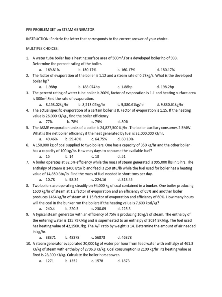 PPE PROBLEM SET On STEAM GENERATOR Edited | PDF | Boiler | Steam