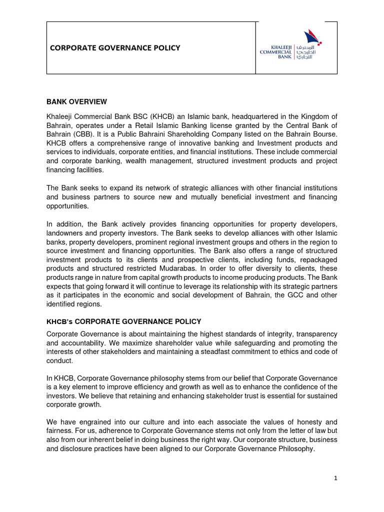 KHCB Corporate Governance Policy Overview | PDF | Corporate Governance ...