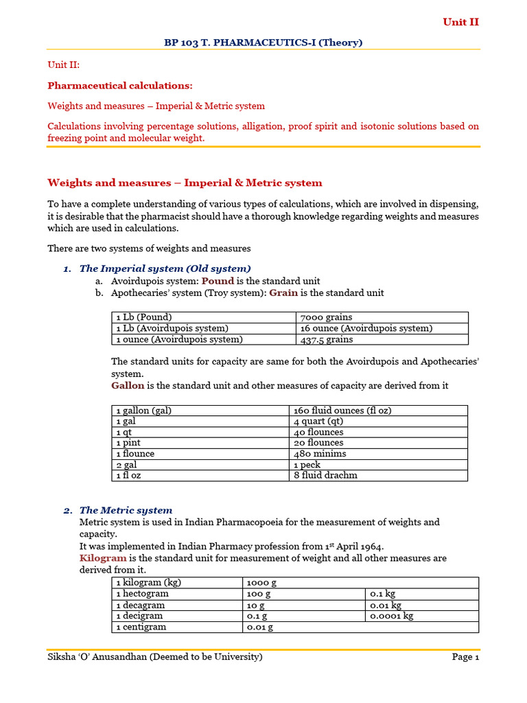 Unit 2 - Pharmaceutical Calculations | PDF | Ounce | Pound (Mass)