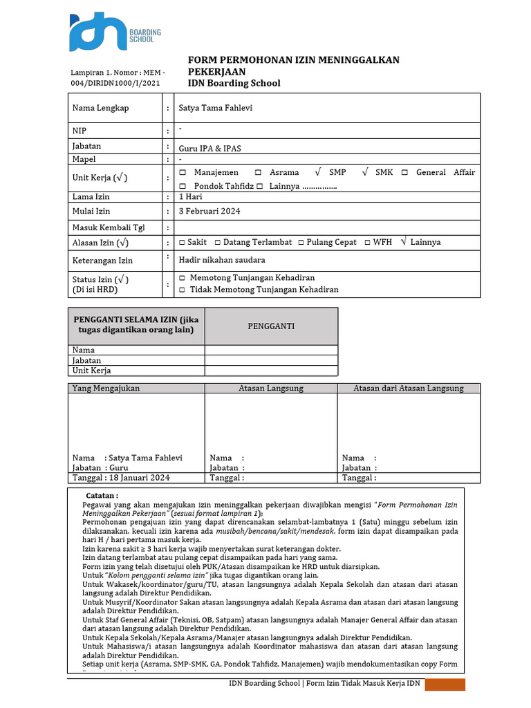 Form Permohonan Izin Tidak Masuk Kerja IDN (3 Feb 24) | PDF