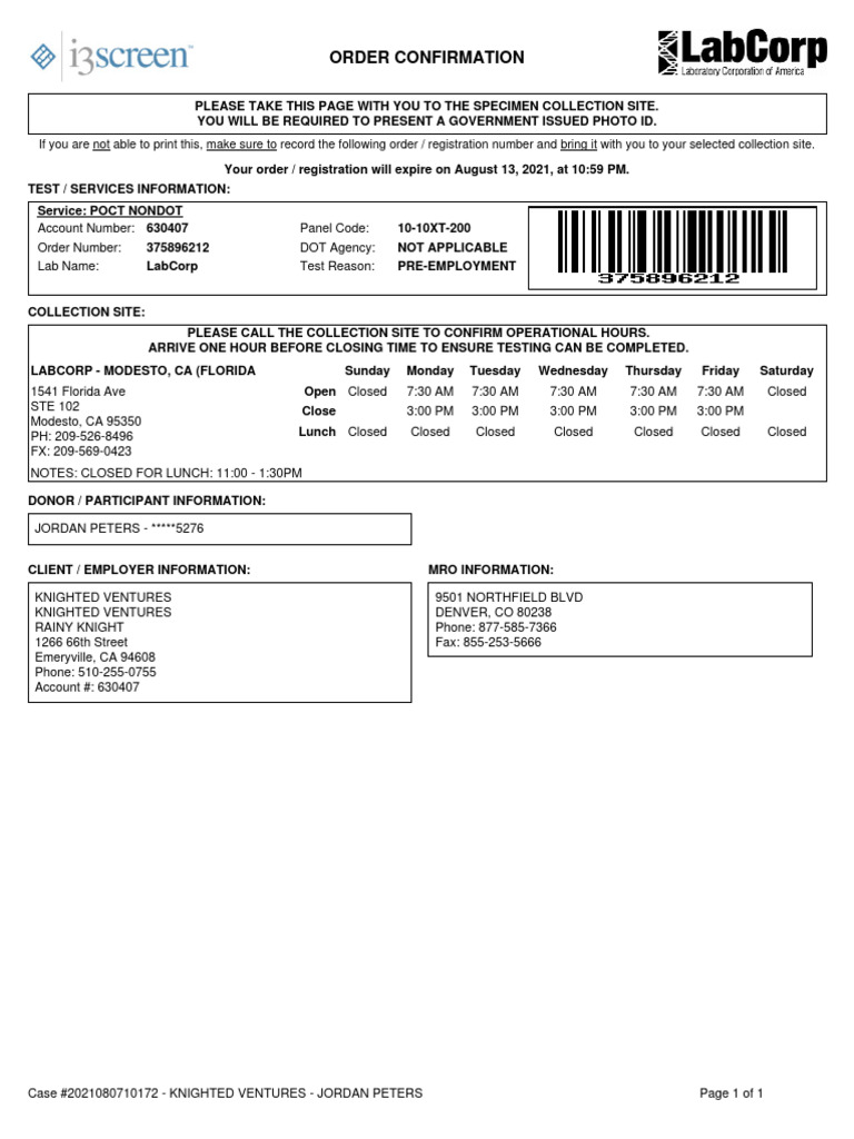 i3Screen Drug Test Order Confirmation | PDF