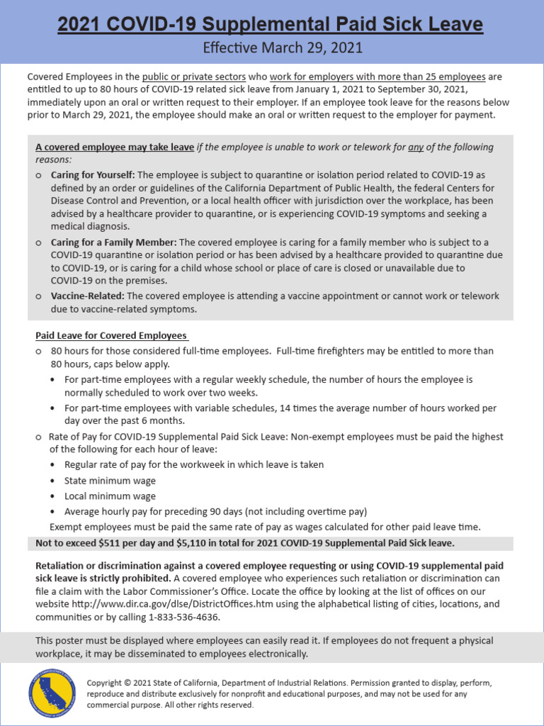 2021 COVID-19 Supplemental PSL Poster | PDF | Employment | Sick Leave