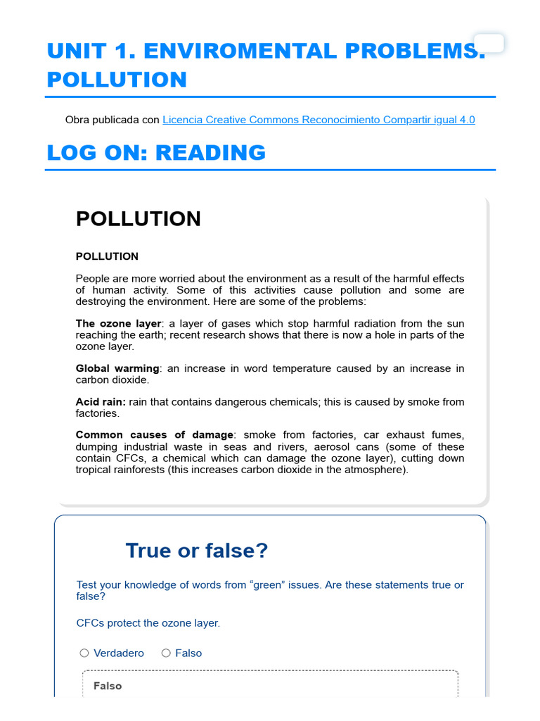 Unit 1. Enviromental Problems: Pollution Log On: Reading | PDF ...