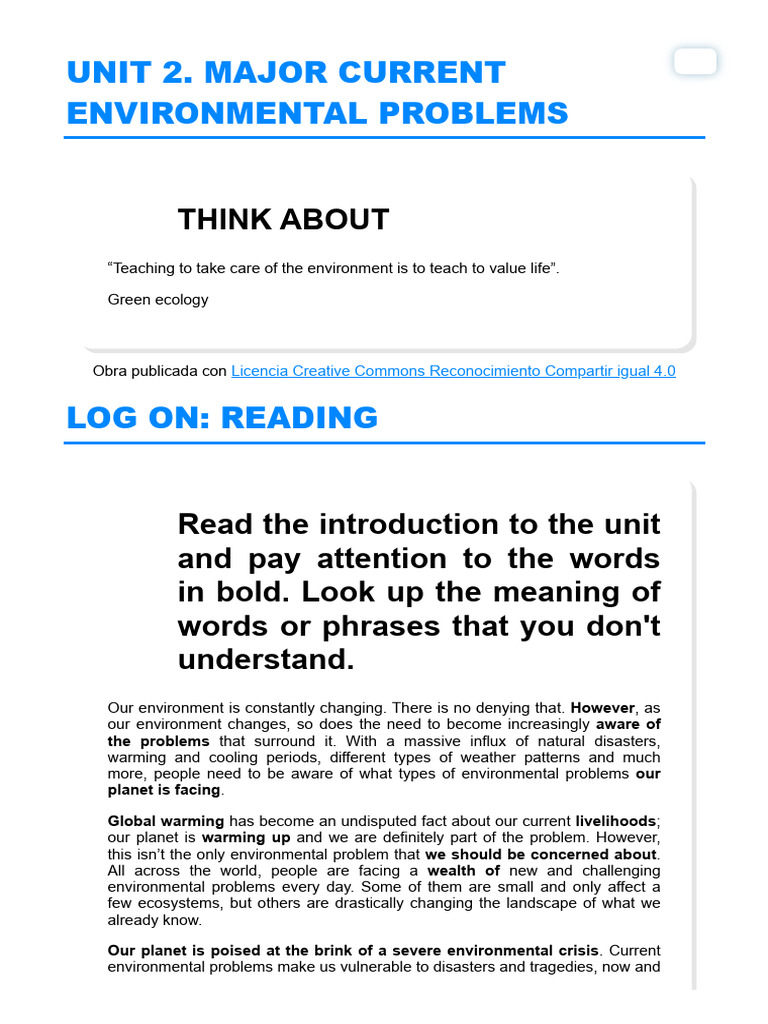 Think About: Unit 2. Major Current Environmental Problems | PDF | Climate Change | Human Impact ...