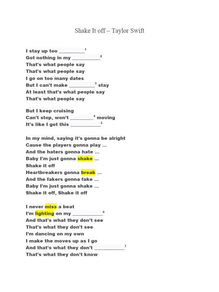 Shake It Off Worksheet and Activities | PDF