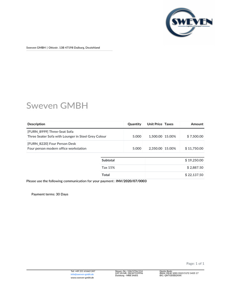 Invoice for Furniture Purchase from Sweven GMBH | PDF