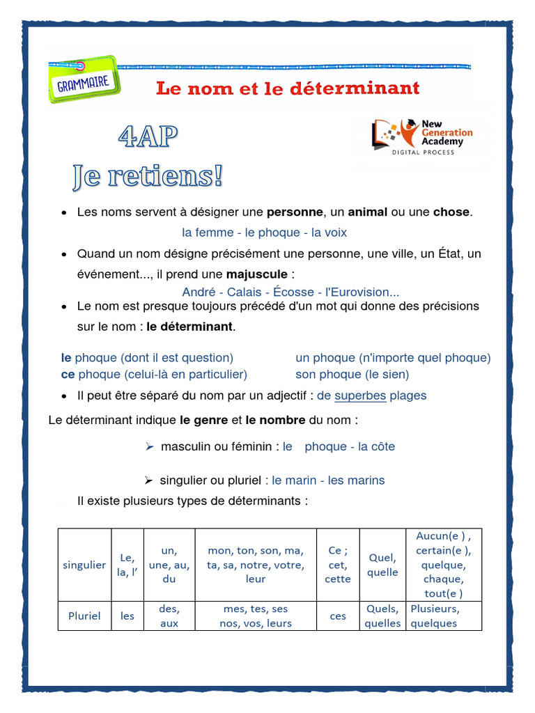 Comprendre les noms et déterminants en français | PDF