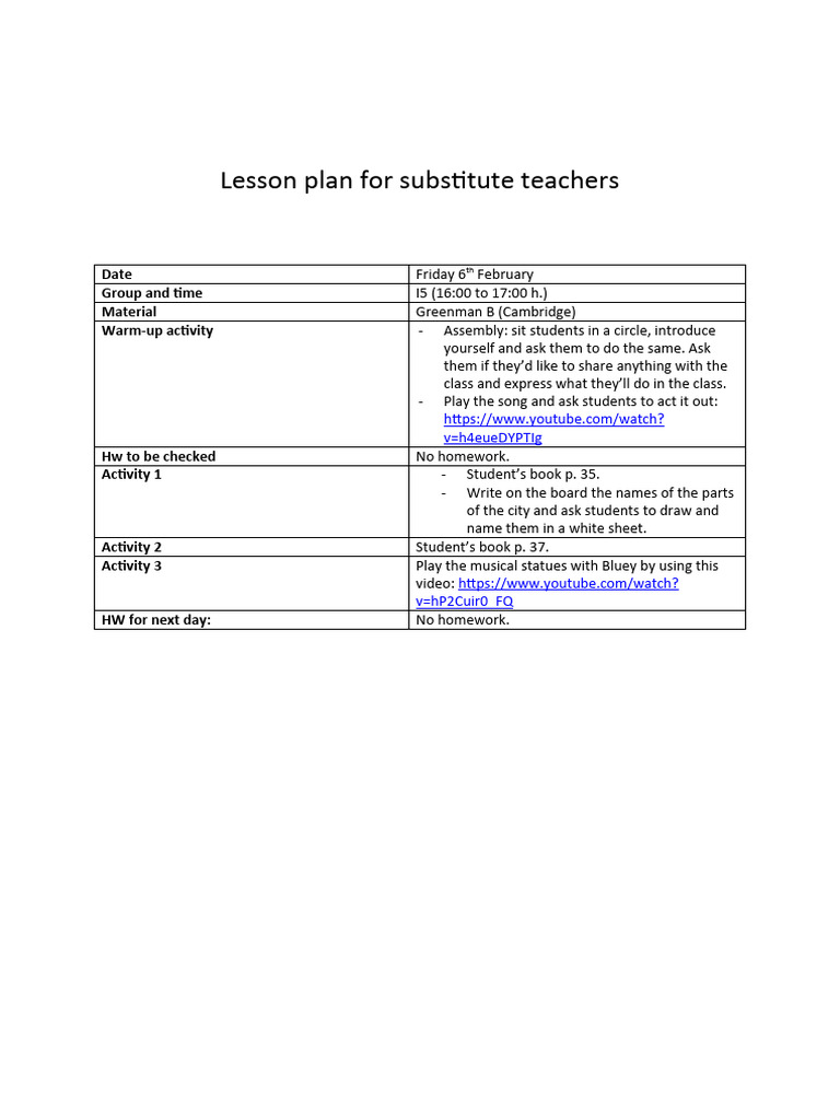 LESSON PLAN FOR SUBSTITUTE TEACHERS 6th February 2024 | Download Free PDF | Linguistic ...