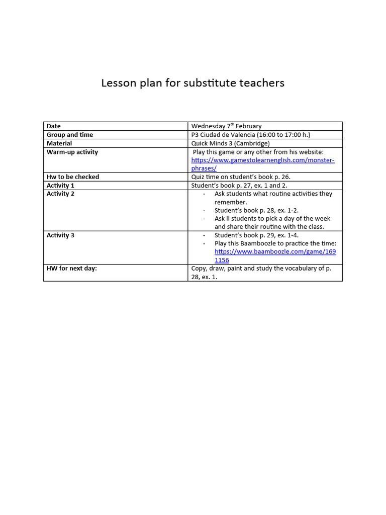 LESSON PLAN FOR SUBSTITUTE TEACHERS 7th February 2024 | PDF ...