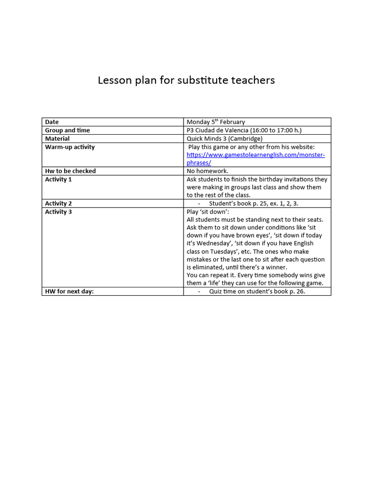 LESSON PLAN FOR SUBSTITUTE TEACHERS 5th February 2024 | PDF ...