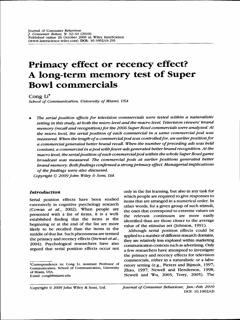 Primacy in super bowl | PDF | Intelligence | Cognition
